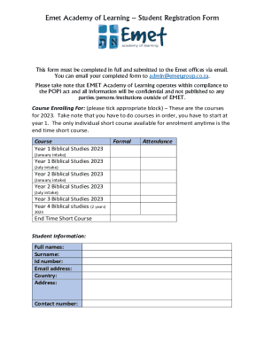Fillable Online Emet Academy of Learning Student Registration Form Fax ...