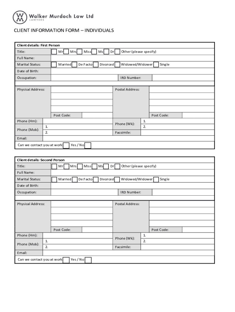 Fillable Online CLIENT INFORMATION FORM INDIVIDUALS Fax Email Print - pdfFiller