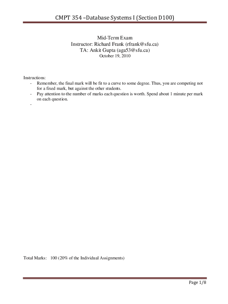 Fillable Online CMPT 354 Database Systems I (Section D100) Fax Email Print - pdfFiller