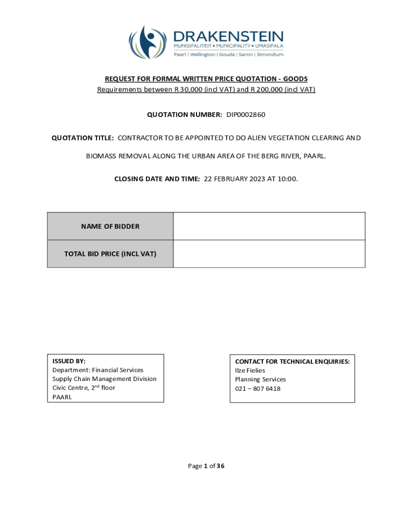 Fillable Online standard quotation document for quotations above r2 000 ...