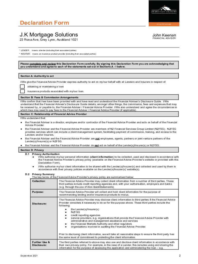 Fillable Online Declaration Form - Auckland - Mortgage Masters Fax ...
