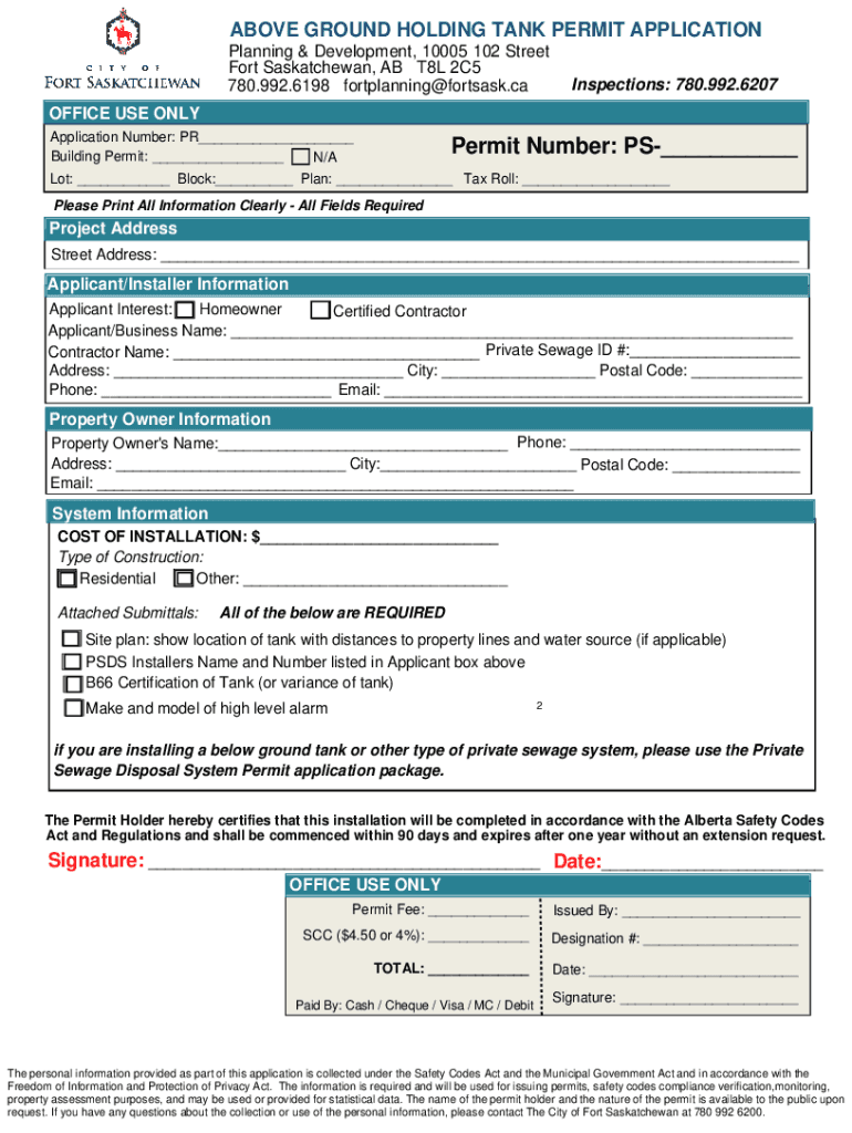Fillable Online Above Ground Holding Tank Permit Application Fax Email ...