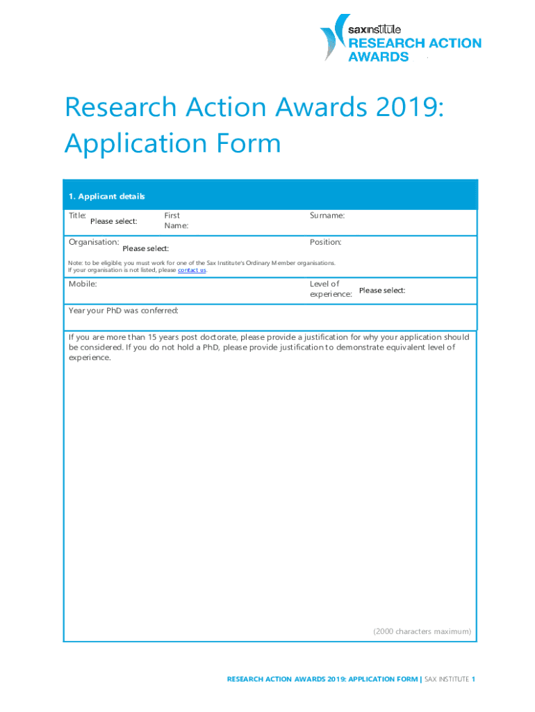 Fillable Online Research Action Awards 2019: Application Form Fax Email ...