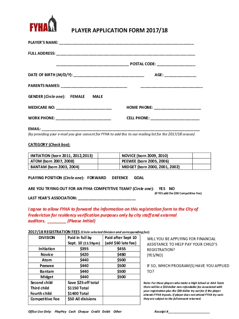 Fillable Online PLAYER APPLICATION FORM 2017/18 Fax Email Print - pdfFiller