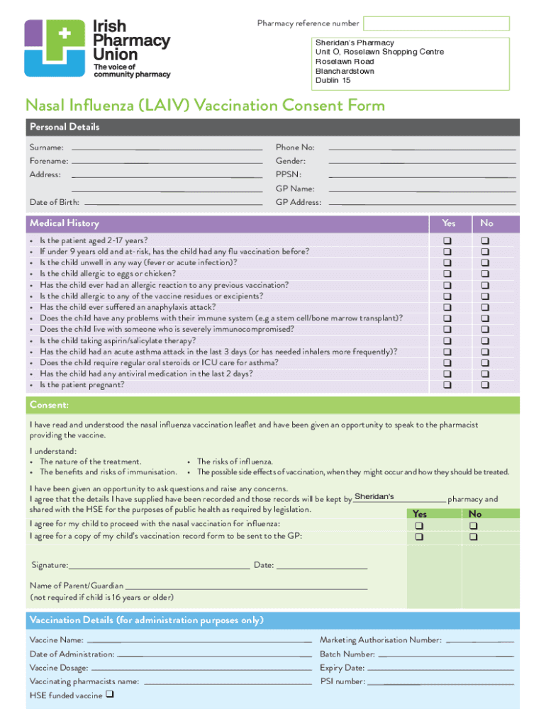 Fillable Online Nasal Influenza (LAIV) Vaccination Consent Form Fax ...