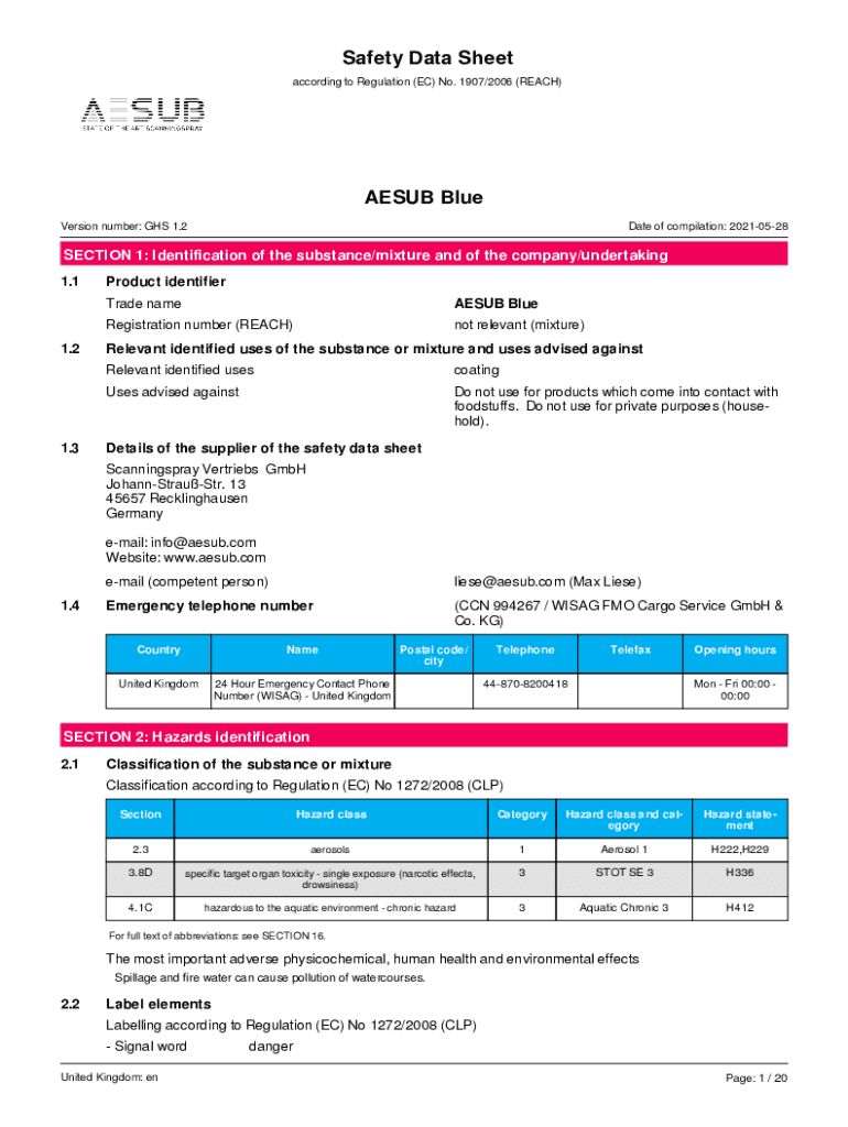 Fillable Online AESUB Blue - Safety Data Sheet Fax Email Print - pdfFiller
