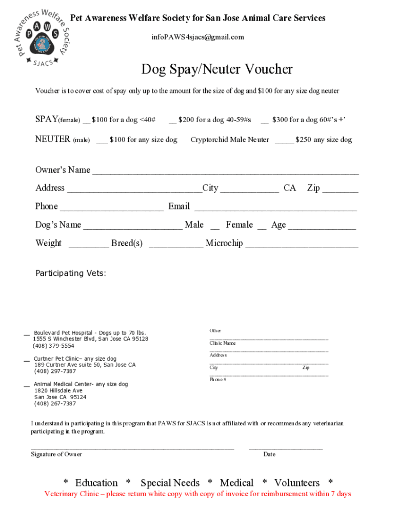 Fillable Online Spay and Neuter - Animal Services - County of Santa ...