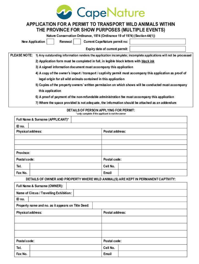 Fillable Online Application - Transport Wild Animal for Show Purposes ...