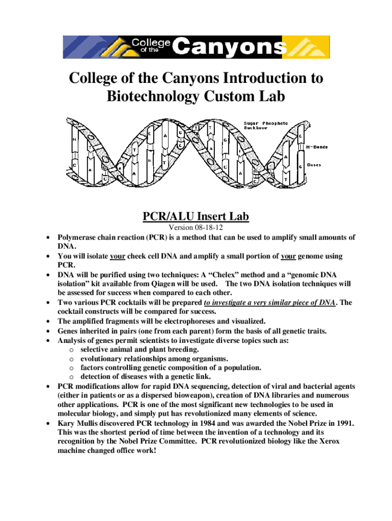 Fillable Online Introduction to Biotechnology PCR Post Lab Write Up Fax ...