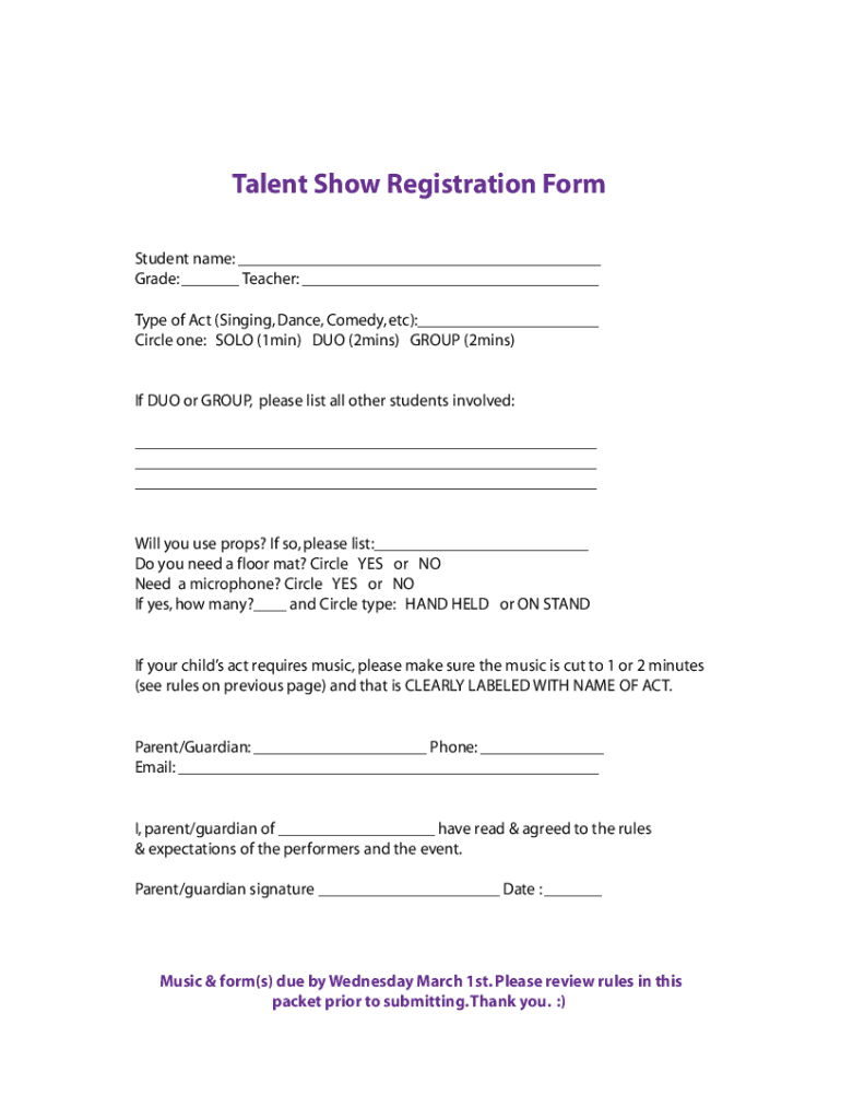 Fillable Online Talent Show Information Sheet and Audition Sign Up ...