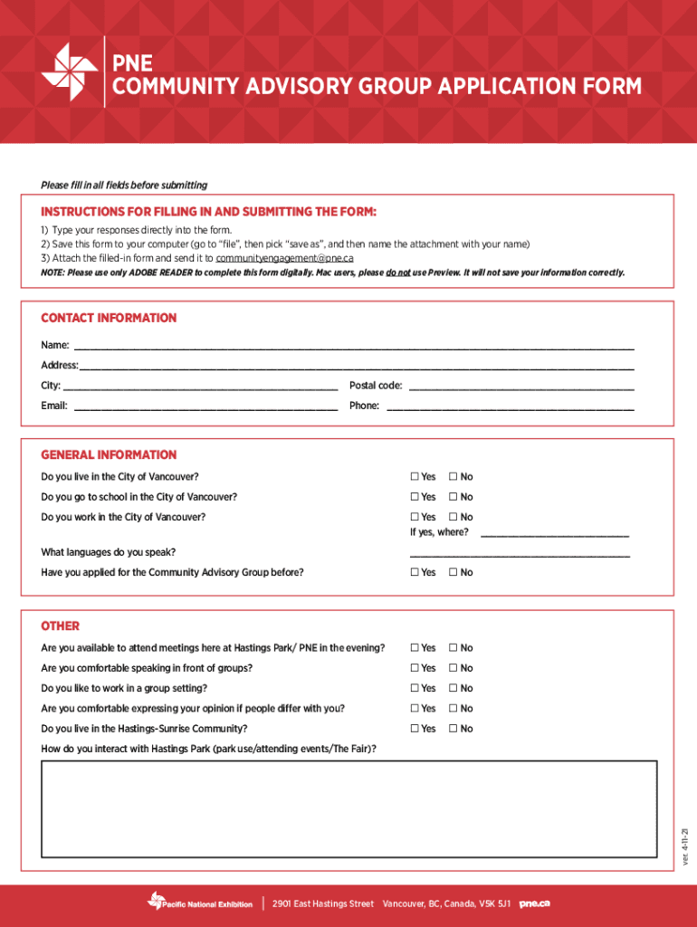 Fillable Online PNE COMMUNITY ADVISORY GROUP APPLICATION FORM Fax Email ...