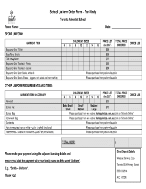 Fillable Online SCHOOL UNIFORM PRICE LIST AND ORDER FORM Fax Email ...