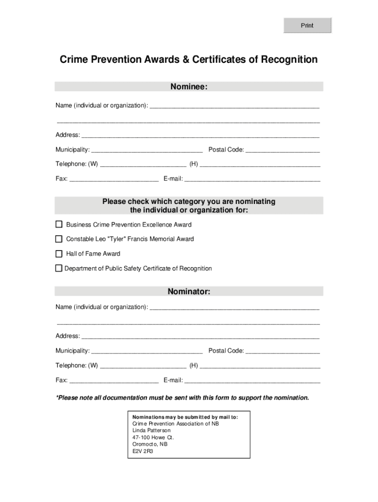 Fillable Online Crime Prevention Awards & Certificates of Recognition ...
