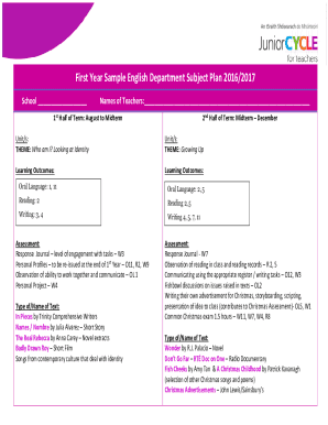 Fillable Online First Year Sample English Department Subject Plan 2016 ...