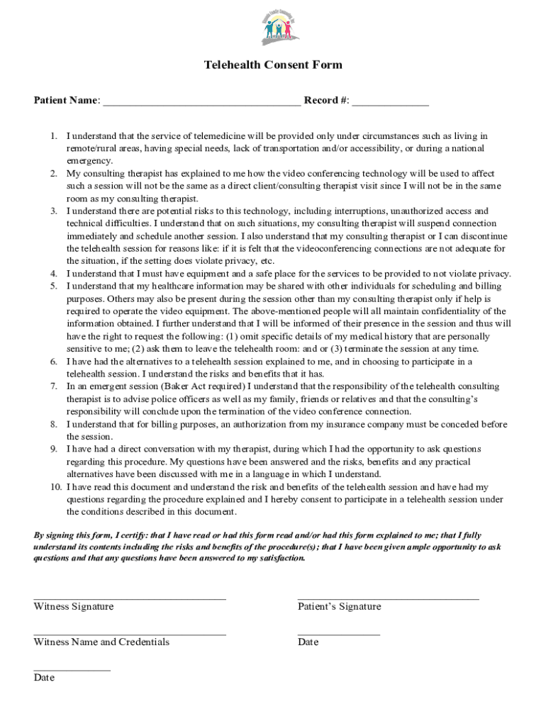 Fillable Online Telehealth Consent Form Patient Name Fax Email Print ...
