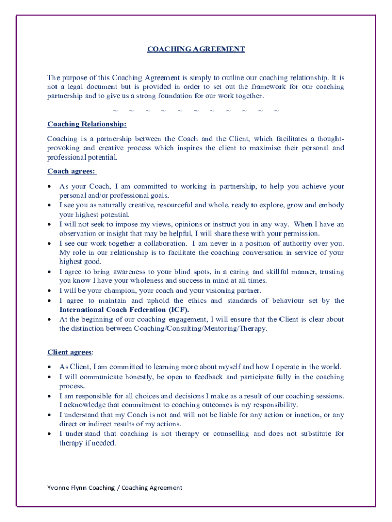 Fillable Online Coaching Agreement Form Template Fax Email Print ...