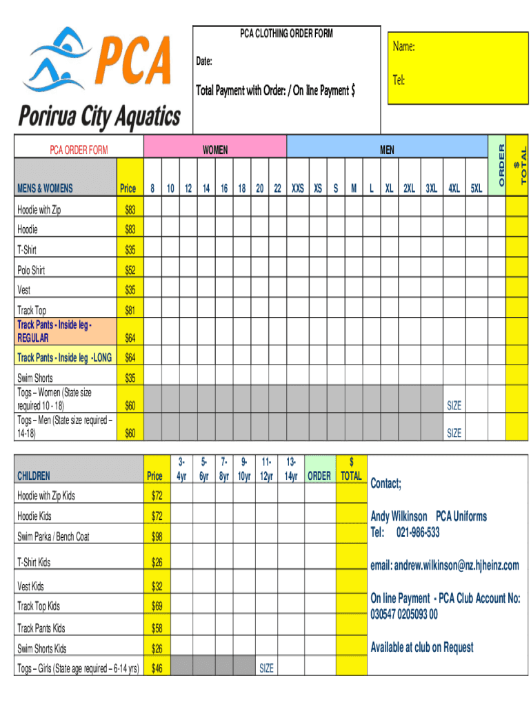 Fillable Online Andy Wilkinson PCA Uniforms Tel: 021-986-533 email ...