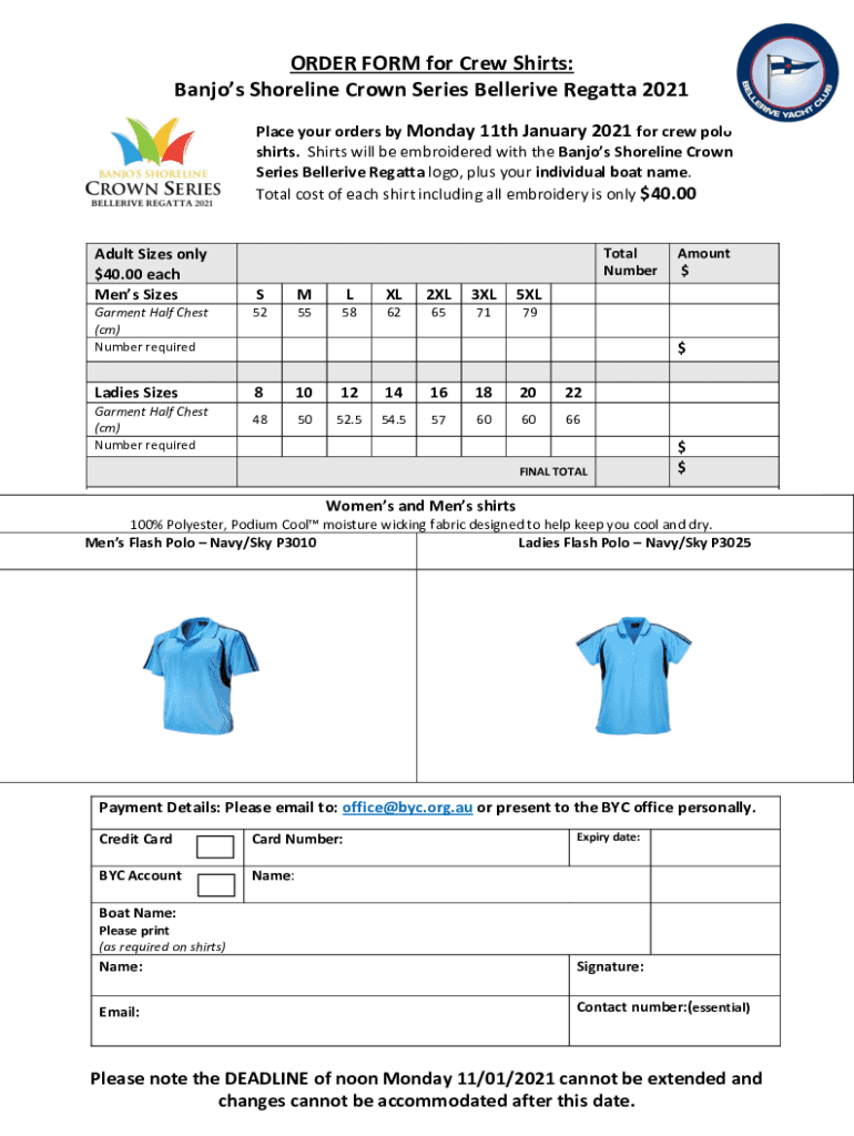 Fillable Online ORDER FORM for Crew Shirts: Banjo's Shoreline Crown ...