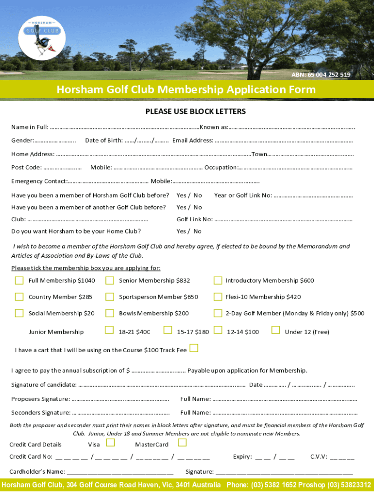 Fillable Online Horsham Golf Club Membership Application Form Fax Email ...