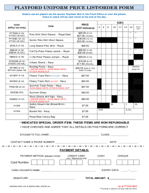 Fillable Online playford uniform price list/order form Fax Email Print ...