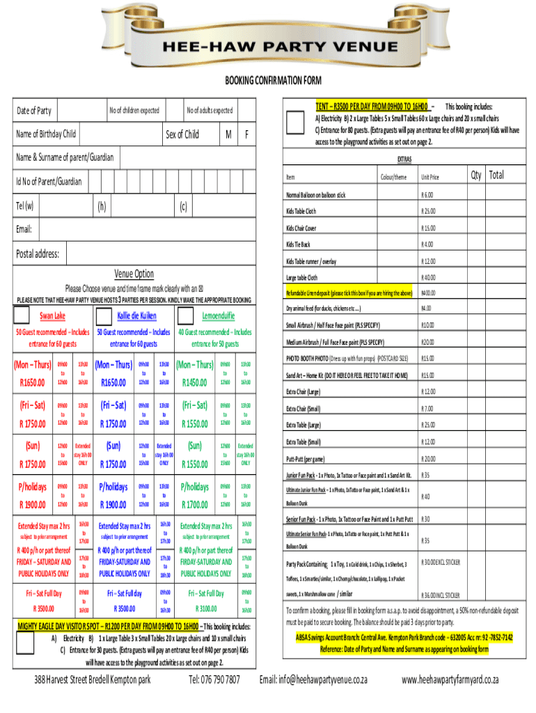 Fillable Online Kid's Birthday Party Booking Form Fax Email Print ...