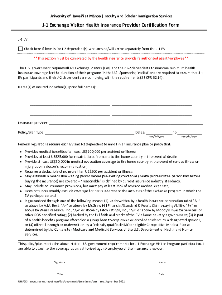 Fillable Online manoa hawaii J-1 Health Insurance Provider ...