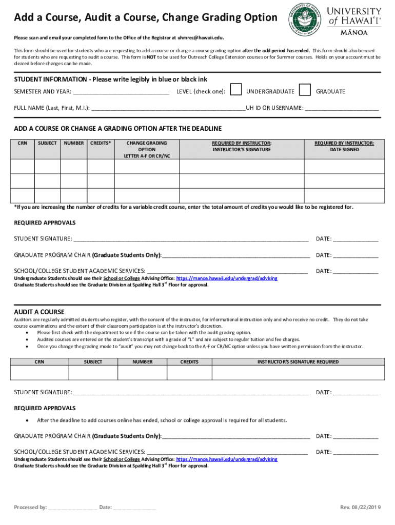 Fillable Online manoa hawaii Add a Course, Change Grading Mode, Audit ...