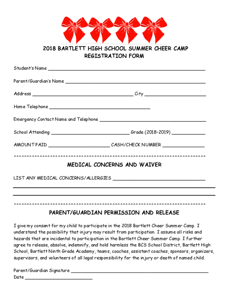 Fillable Online BARTLETT HIGH SCHOOL SUMMER CHEER CAMP ... Fax Email ...