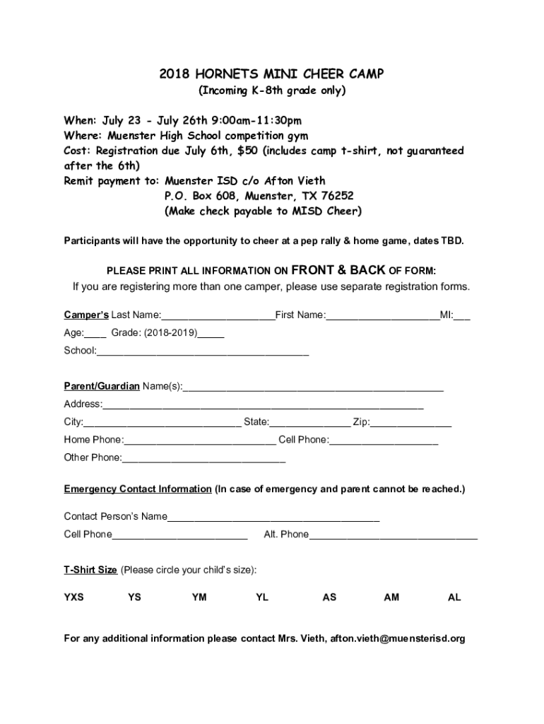 Fillable Online 23/24 HORNET MINI CHEER CAMP FORM Fax Email Print ...