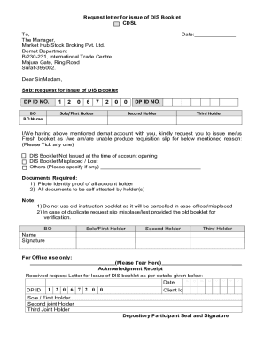 Fillable Online Request letter for issue of DIS Booklet CDSL To, Date ...