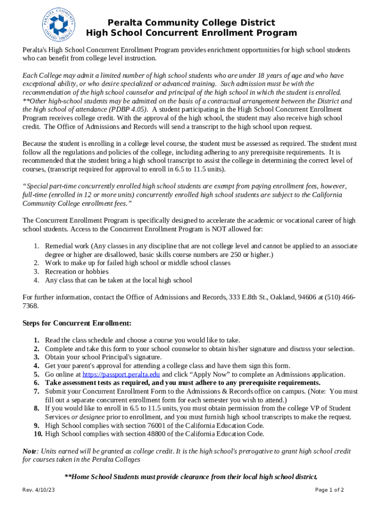 High School Concurrent Enrollment Program - web peralta Doc Template ...