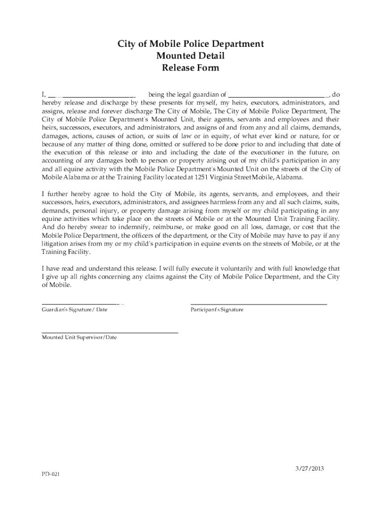 Fillable Online City of Mobile Police Department Mounted Detail Release ...