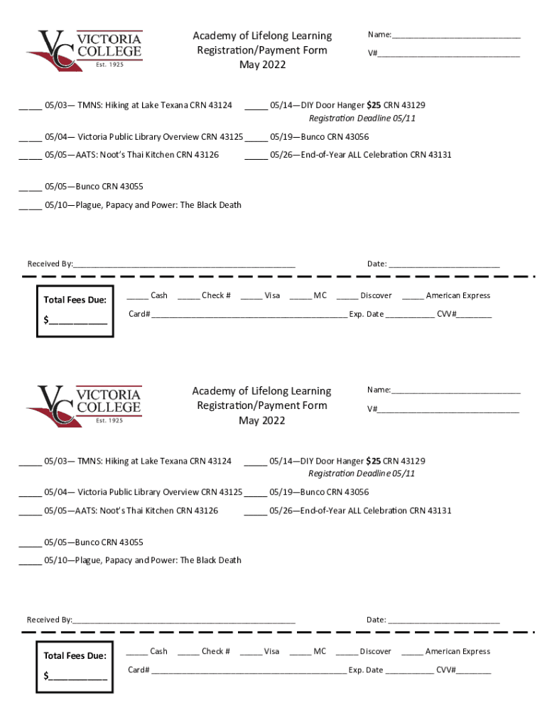 Fillable Online Academy of Lifelong Learning Registration/Payment Form May 2022 ... Fax Email ...