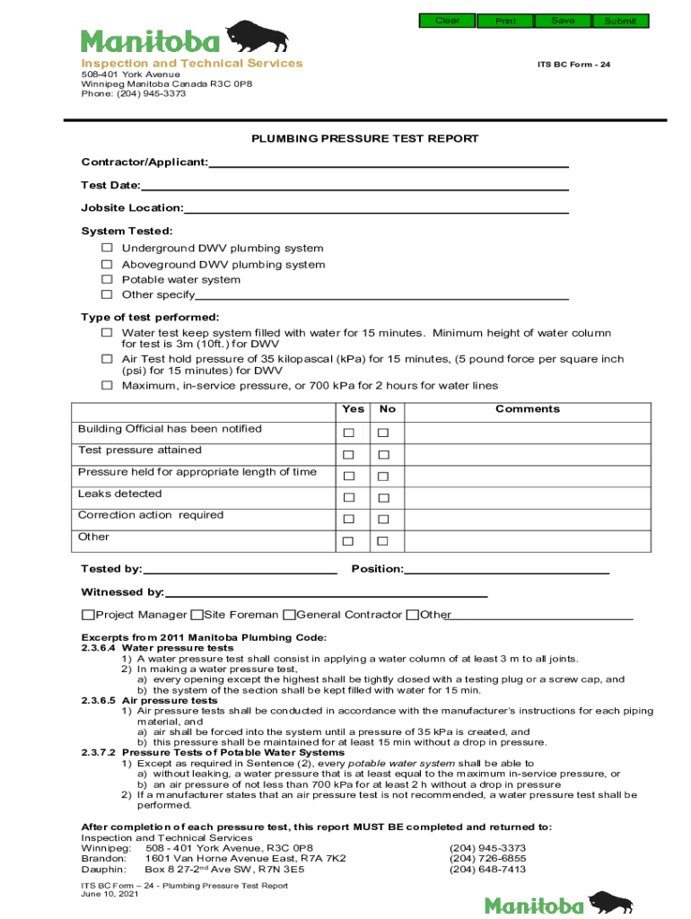 Fillable Online ITS BC Form 24 - Plumbing Pressure Test Report Fax ...