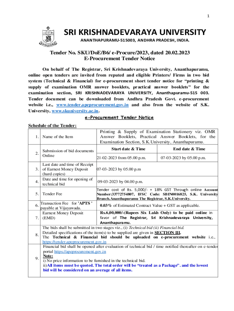 Fillable Online skuniversity ac stationery items - local tender form ...
