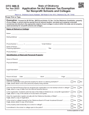Fillable Online 2023 Form 988-S Application for Ad Valorem Tax Exemption for ... Fax Email Print ...