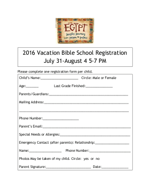 Fillable Online Vacation Bible School Registration Form June 12 Fax ...