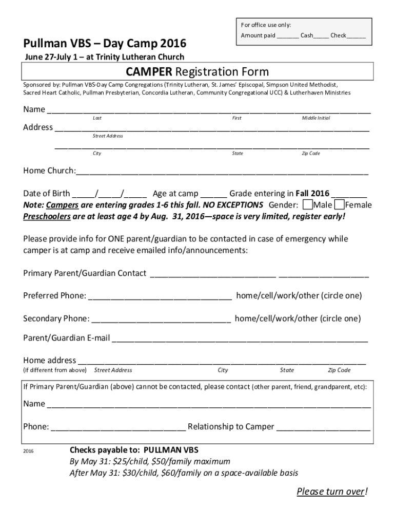 Fillable Online 2017 Cub Scout Day Camp Pack Registration Form Fax ...
