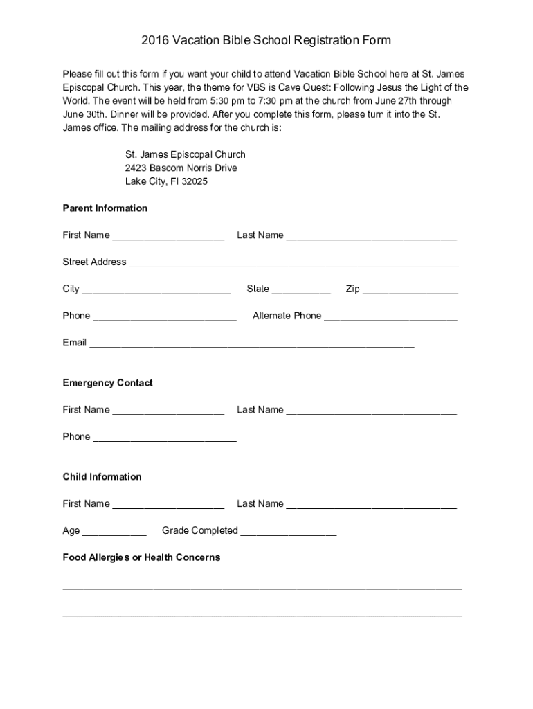 Fillable Online 2016 Vacation Bible School Registration Form - St ...