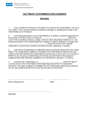 Fillable Online TAX TREATY STATEMENTS FOR STUDENTS Germany Fax Email ...