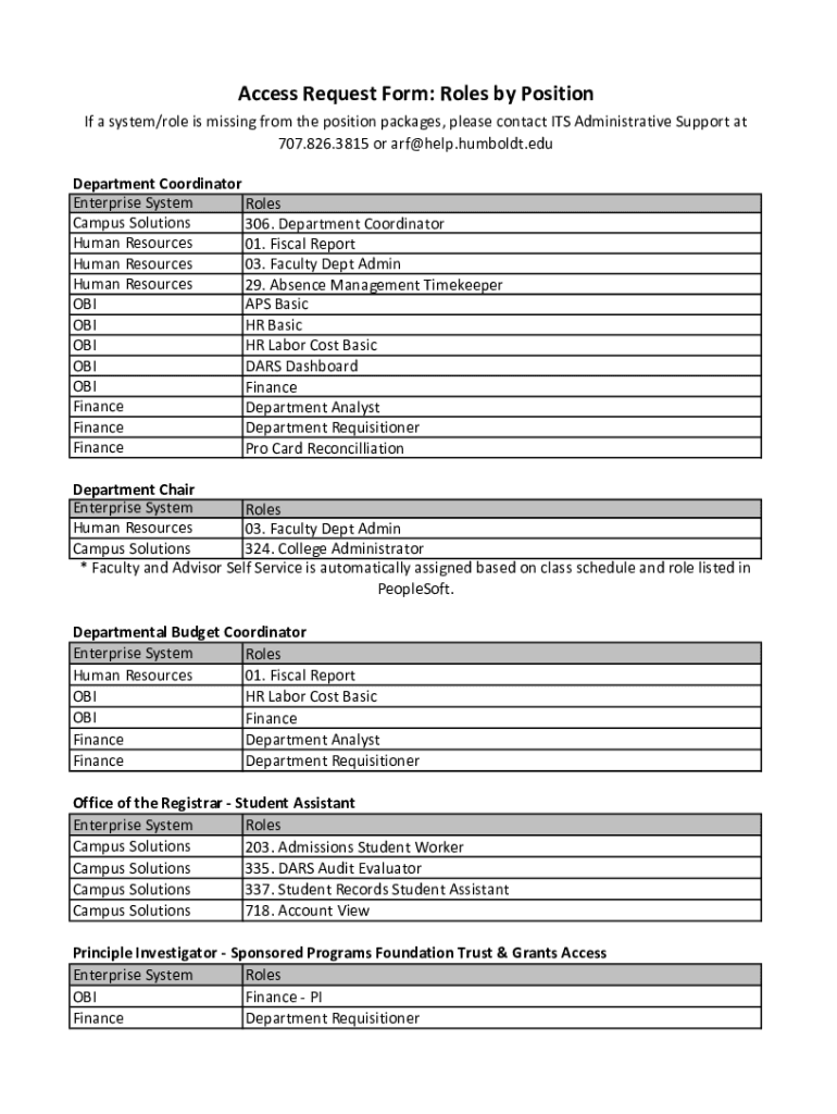 Fillable Online Access Request Form: Roles by Position Fax Email Print - pdfFiller