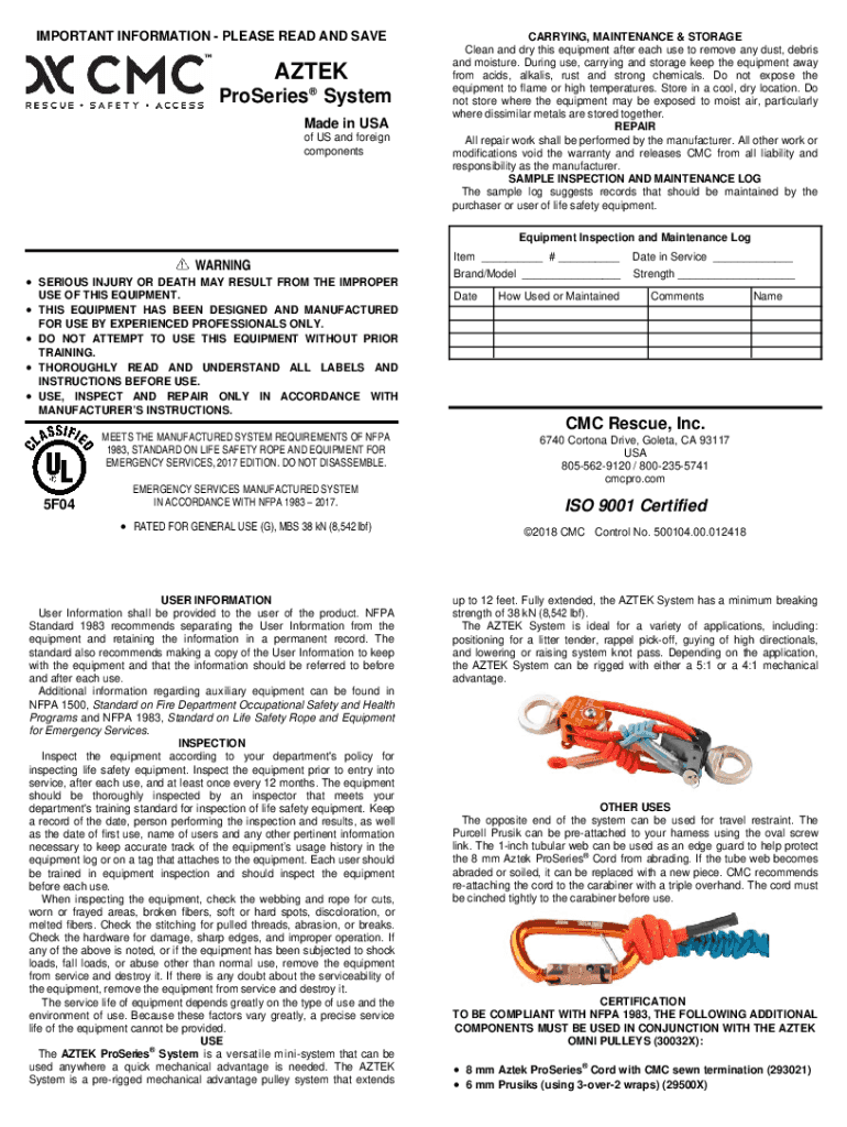 Fillable Online AZTEK ProSeries NFPA Omni Pulley Rigging System Fax ...