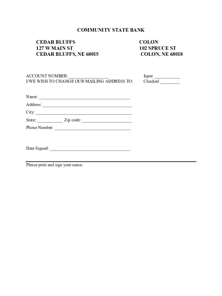 Fillable Online COMMUNITY STATE BANK CEDAR BLUFFS COLON 127 W MAIN ...