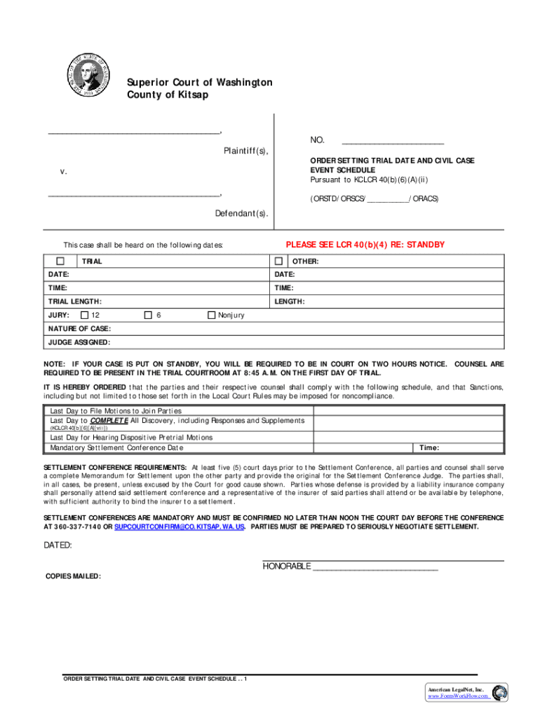 Fillable Online Order Setting Trial Date And Civil Case Event Schedule ...