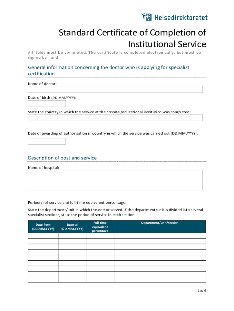Fillable Online Standard Certificate of Completion of Institutional ...
