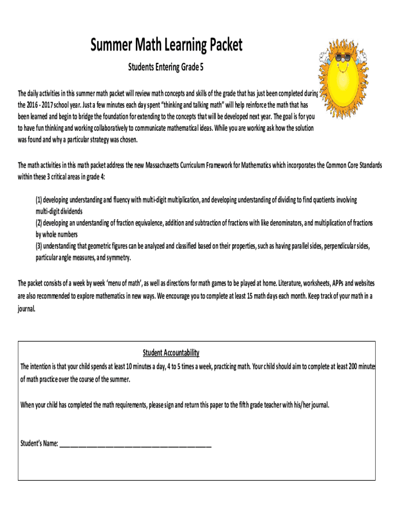 Fillable Online Entering Grade 5 Summer Math Packet Teaching Resources ...
