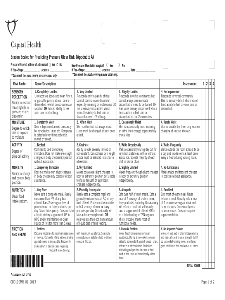 Fillable Online Braden Scale: For Predicting Pressure Ulcer Risk ...