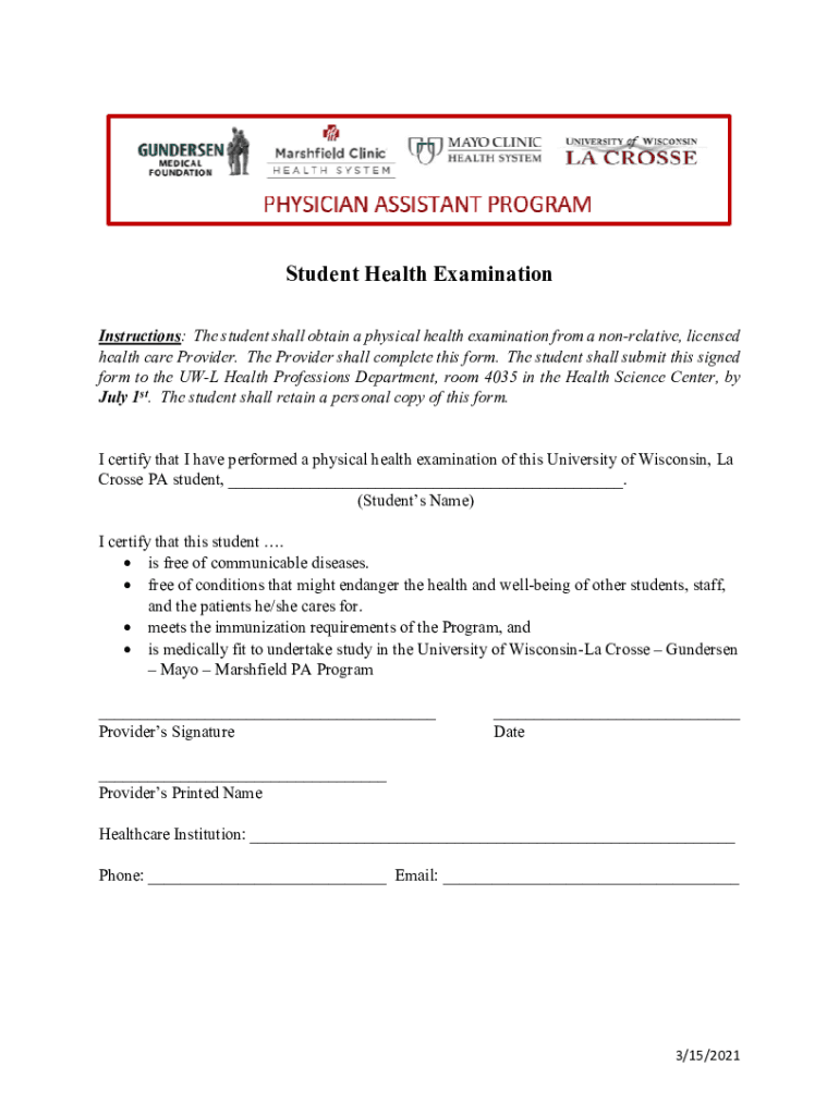 Fillable Online Student Health Examination Fax Email Print - pdfFiller
