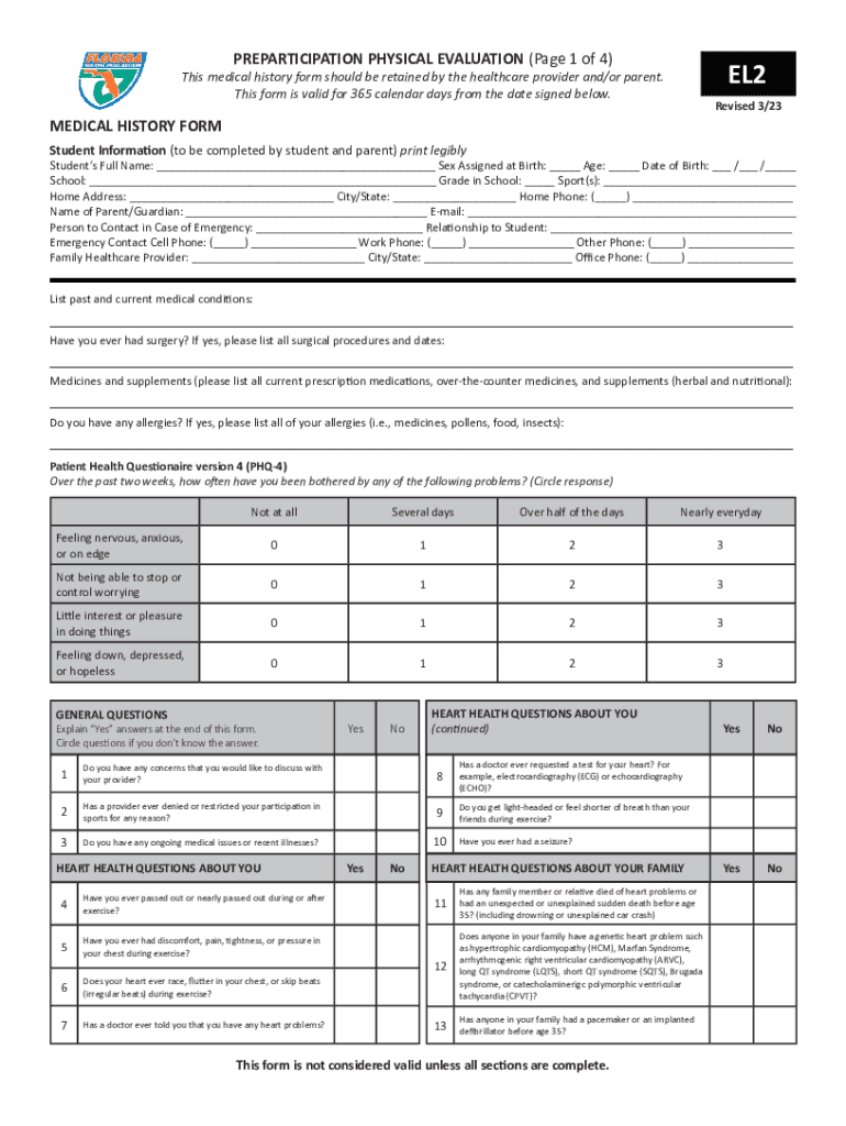 Fillable Online PREPARTICIPATION PHYSICAL EVALUATION (Page 1 of ... Fax ...