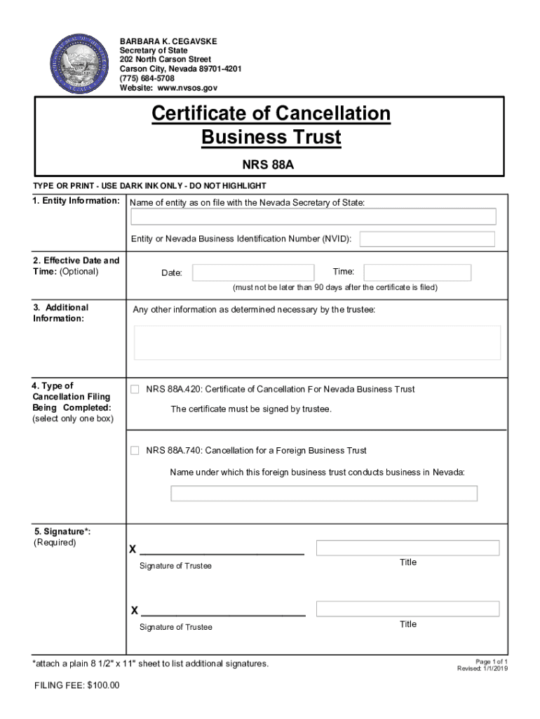 Fillable Online Certificate of Cancellation Business Trust Fax Email ...